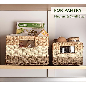 CHI AN HOME Wicker Storage Baskets, Set of 3 Water Hyacinth Storage Baskets For Organizing, Storage Bins Container for Shelves, Woven Pantry Baskets, 3-Pack, Natural, Built-in Carry Handles