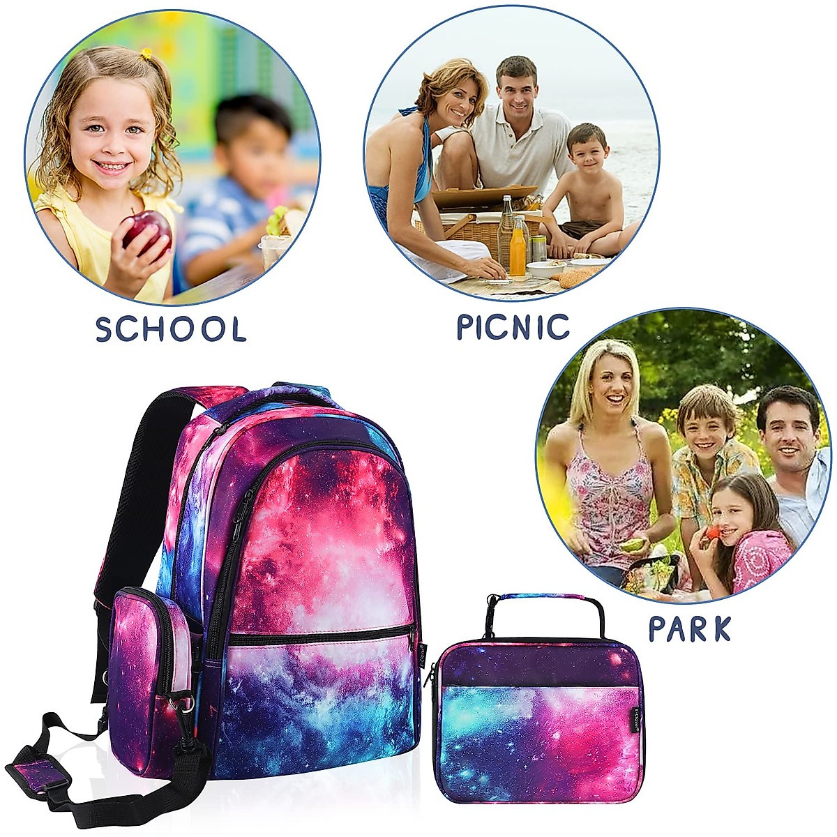 E-Clover Backpack for Girls Kids Galaxy Backpacks Purple Space Bookbags School Bag with Galaxy Lunch Box Set Valentines Day Gifts