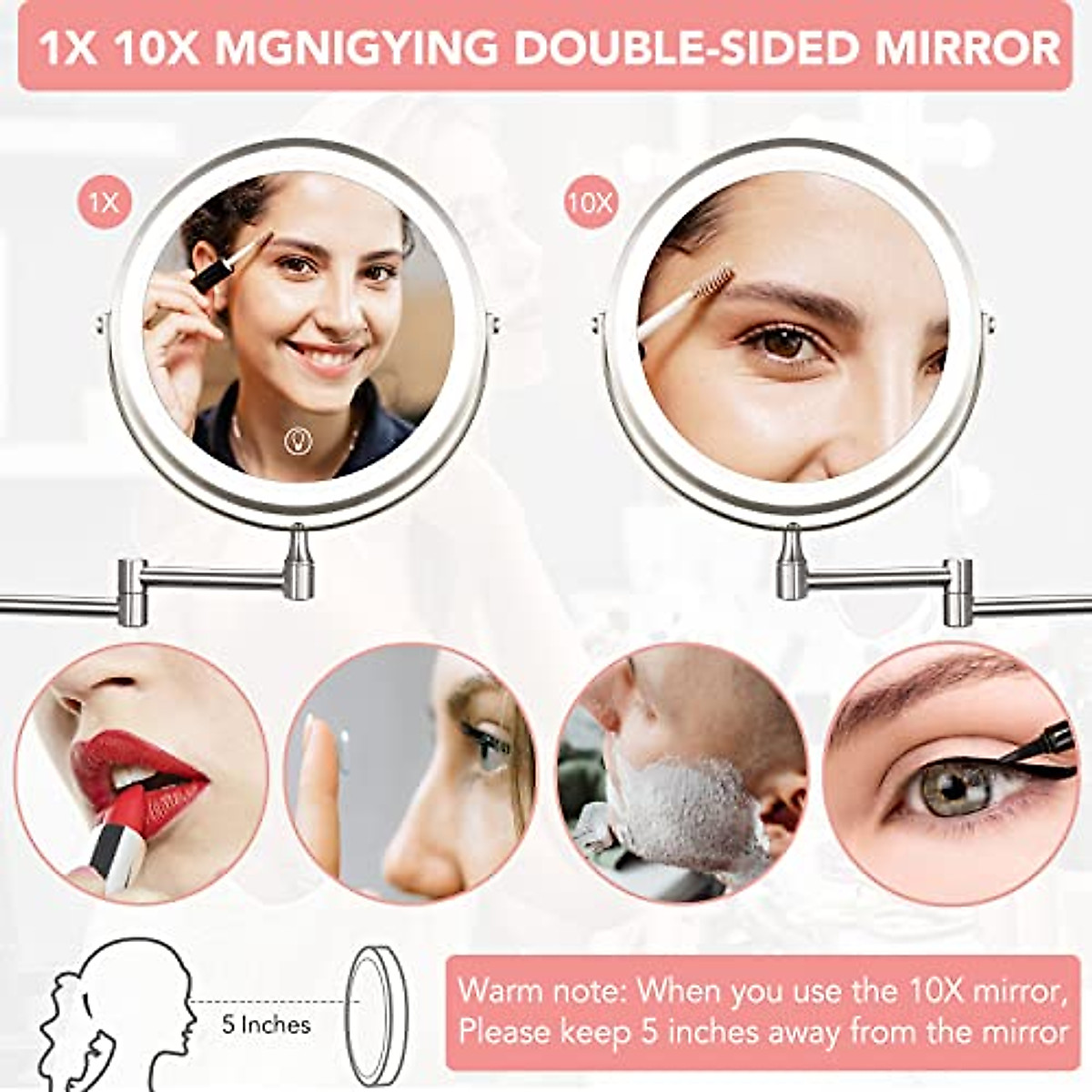 Rechargeable Lighted Wall Mounted Makeup Mirror 8 Inch 1X 10X Magnifying Double Sided, Touch Dimmable 3 Color LED Lights Vanity Mirror, Extendable 360° Swivel Bathroom Mirror, Brushed Nickel