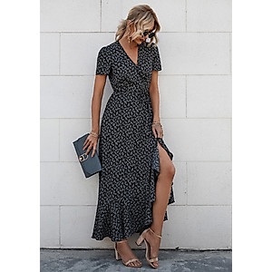 PRETTYGARDEN Women's Summer Wrap Maxi Dress Casual Boho Floral V Neck Short Sleeve Ruffle Hem Split Beach Long Dresses (Black,XX-Large)