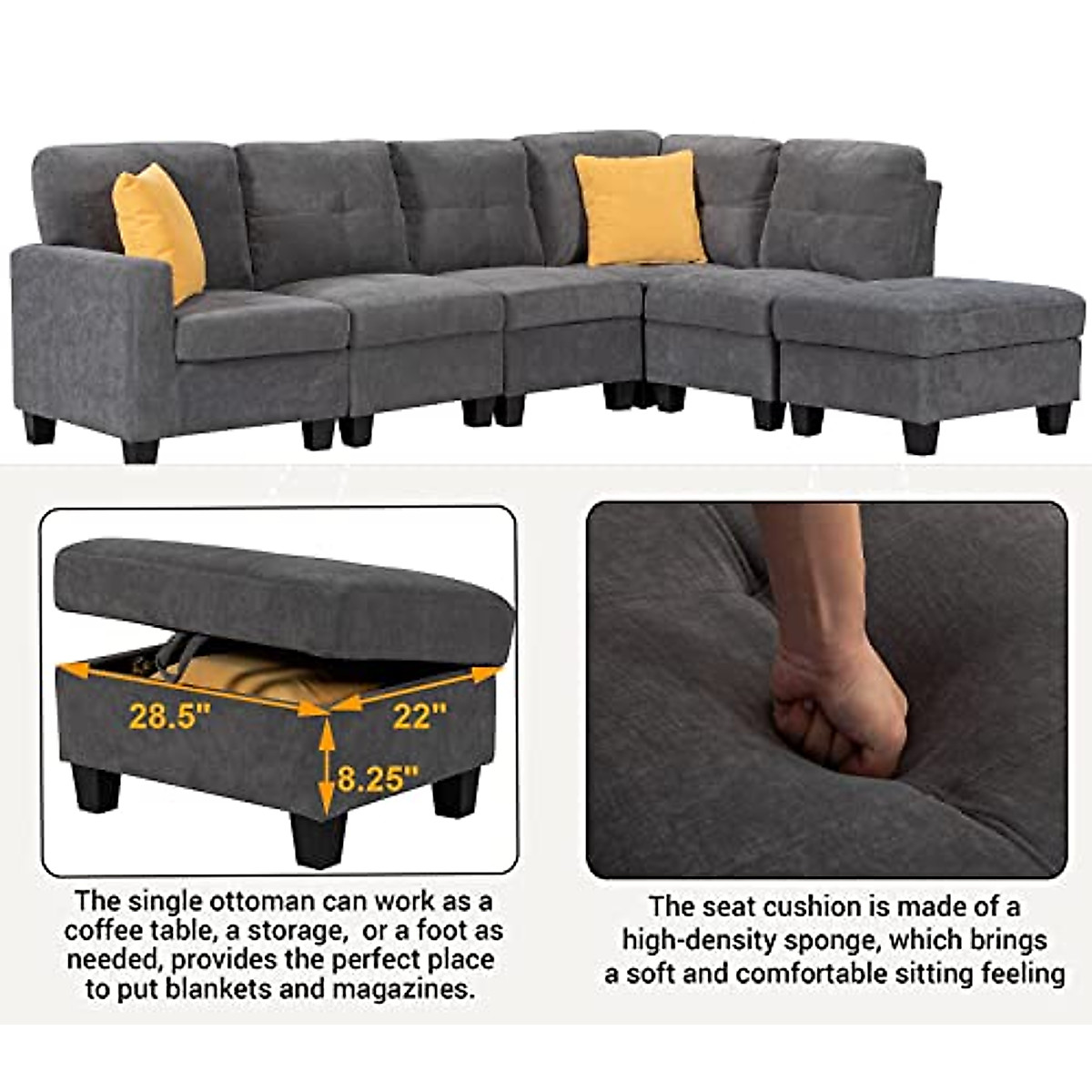 Flesser Sectional Sofa Couch with Storage Ottoman Modular Sofa Couch Reversible 6 Seater Velvet Fabric L Shape Sectional Couch for Living Room, Apartment,Home Office with Pillows (Dark Grey)