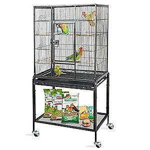 Epetlover 53 Inch Height Wrought Iron Standing Parrot Large Flight Bird Cage with Rolling Stand Birdcages for Parakeet Cockatiel Conure Lovebird Finch Black