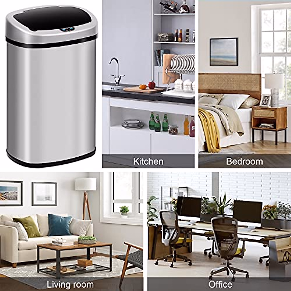 Better Choicet Kitchen Trash Can Automatic Touch Motion Sensor Garbage with Close Slowly, Stainless Steel Bin Lid, Waste for Bathroom Bedroom, 13 Gallon / 50 Liter, Silver, 16.1x11.1x23.2''