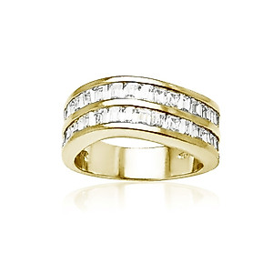 Hoops & Loops Yellow Gold Flashed Sterling Silver Cubic Zirconia Baguette-cut Curved Channel Set Ring, Size 7