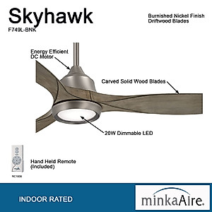 MINKA-AIRE F749L-BNK Skyhawk 60 Inch LED Ceiling Fan with Carved Wood Blades, Integrated LED Light and DC Motor in Burnished Nickel Finish