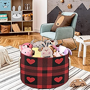 Red Check Plaid Valentine's Day Large Round Baskets for Storage Laundry Baskets with Handles Blanket Storage Basket for Bathroom Shelves Bins for Organizing Nursery Hamper Girl Boy