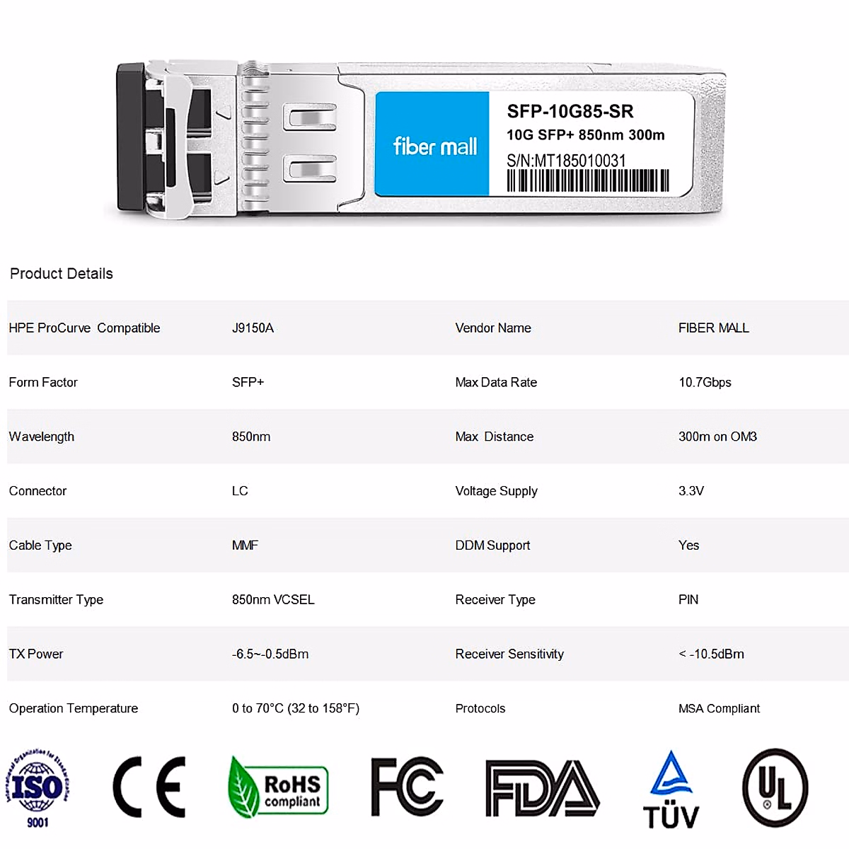 fiber mall SFP 10G SR for HPE ProCurve J9150A HPE Aruba J9150D J9150DCM JL748A 10GBASE-SR SFP+ 850nm 300m MMF DOM Transceiver Module