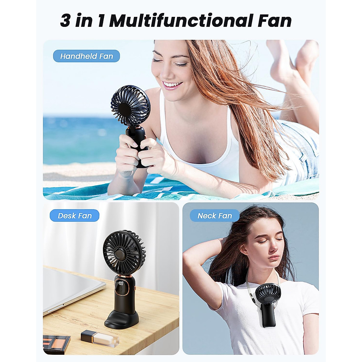 coldSky Portable Handheld Fan, 4000mAh Battery Operated 3 in 1 Multifunction Personal Travel Fan with Digital Display, 90° Foldable Desk Fan with Base, 5 Speed Lash Fan for Makeup/Office (Black)