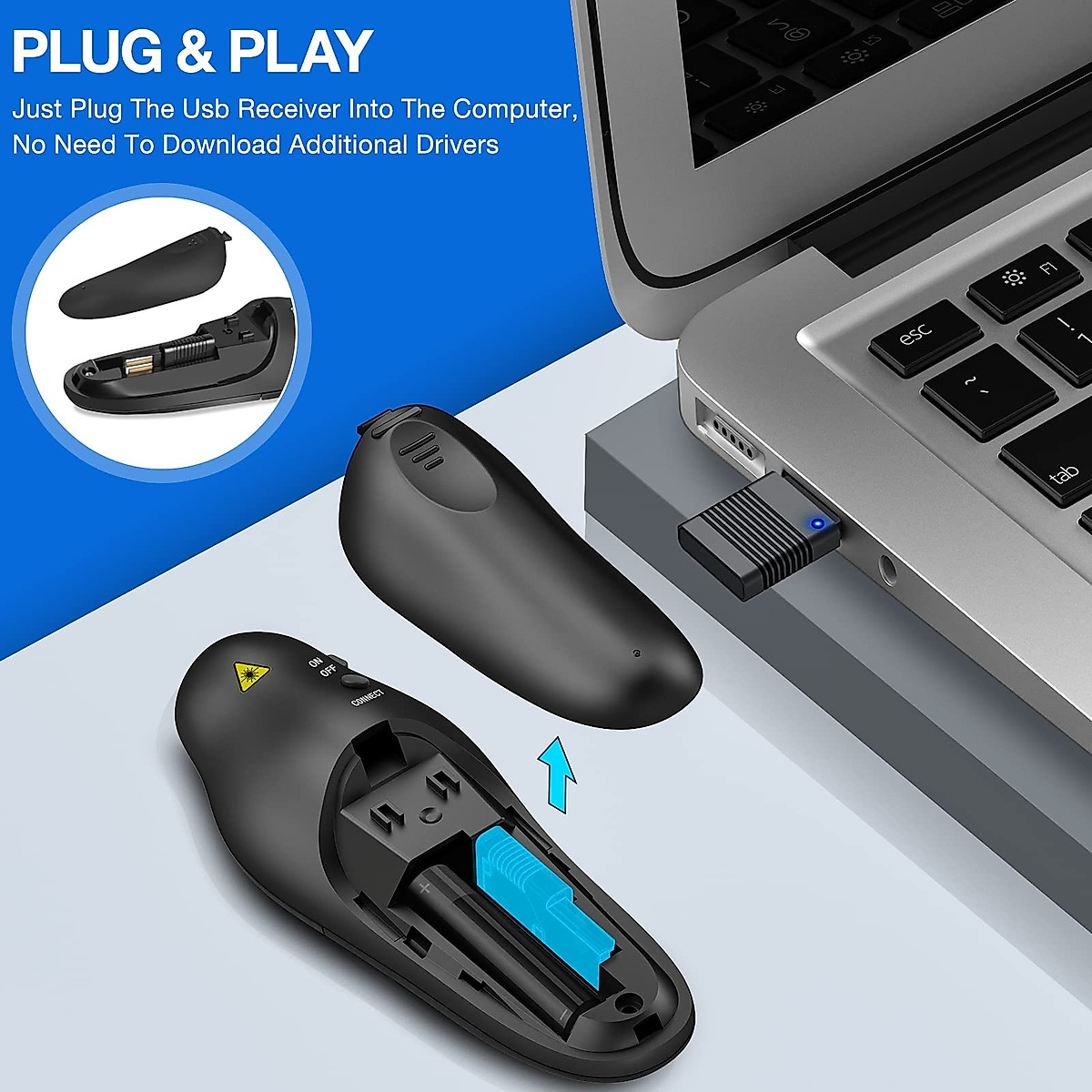 Presentation Clicker Wireless Presenter Remote USB Control Powerpoint PPT Clicker, Laser Pointer RF 2.4GHz Presenter Remote Google Slide Advancer Powerpoint Clicker for Computer/Laptop/Mac/Keynote