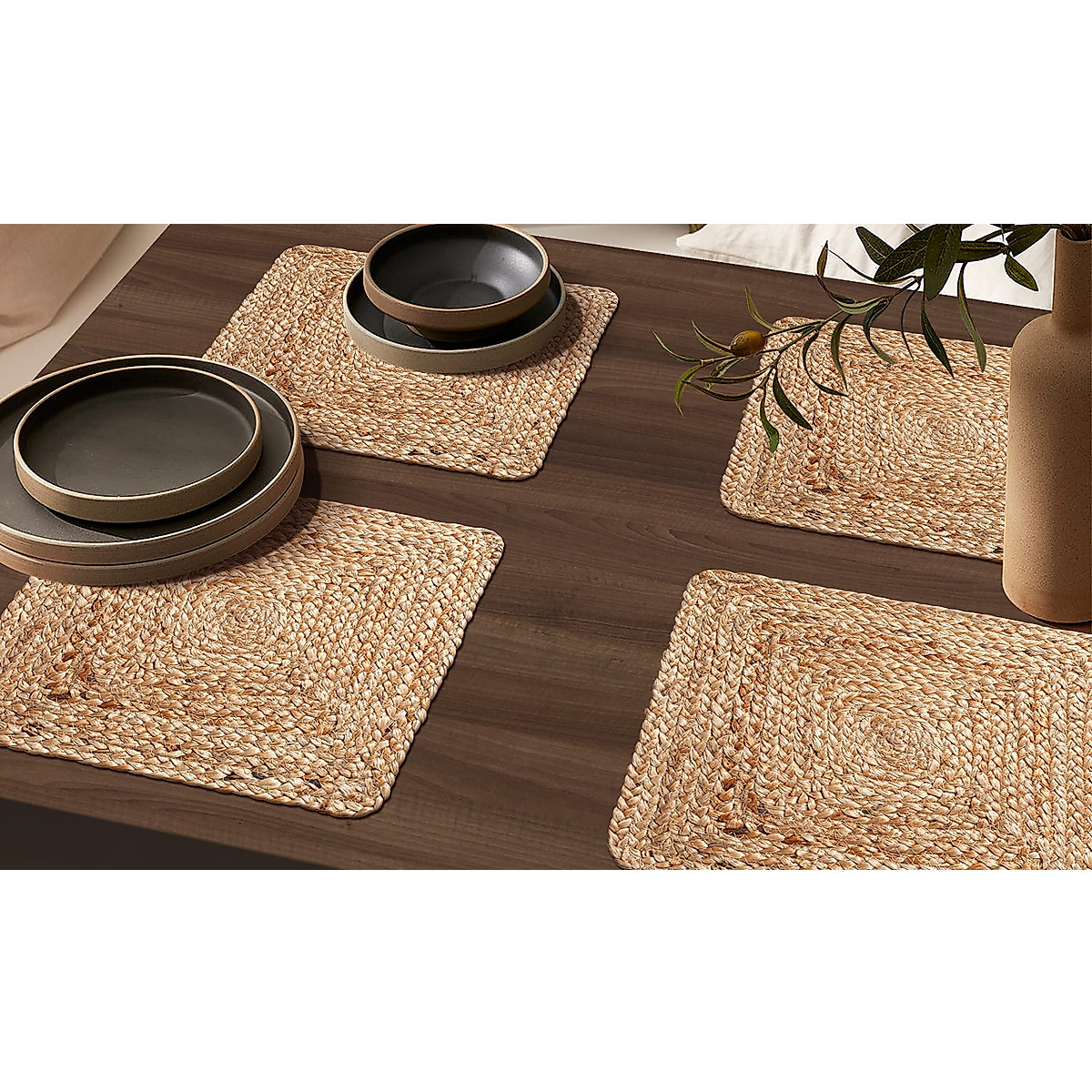 Jute Placemat,Placemat,Braided Placemats,Round Placemats Set of 4,100% Jute Braided Placemats Set of 4 Reversible (Natural 13x13 Square) Farmhouse Vintage Jute Placemats for Dining Table