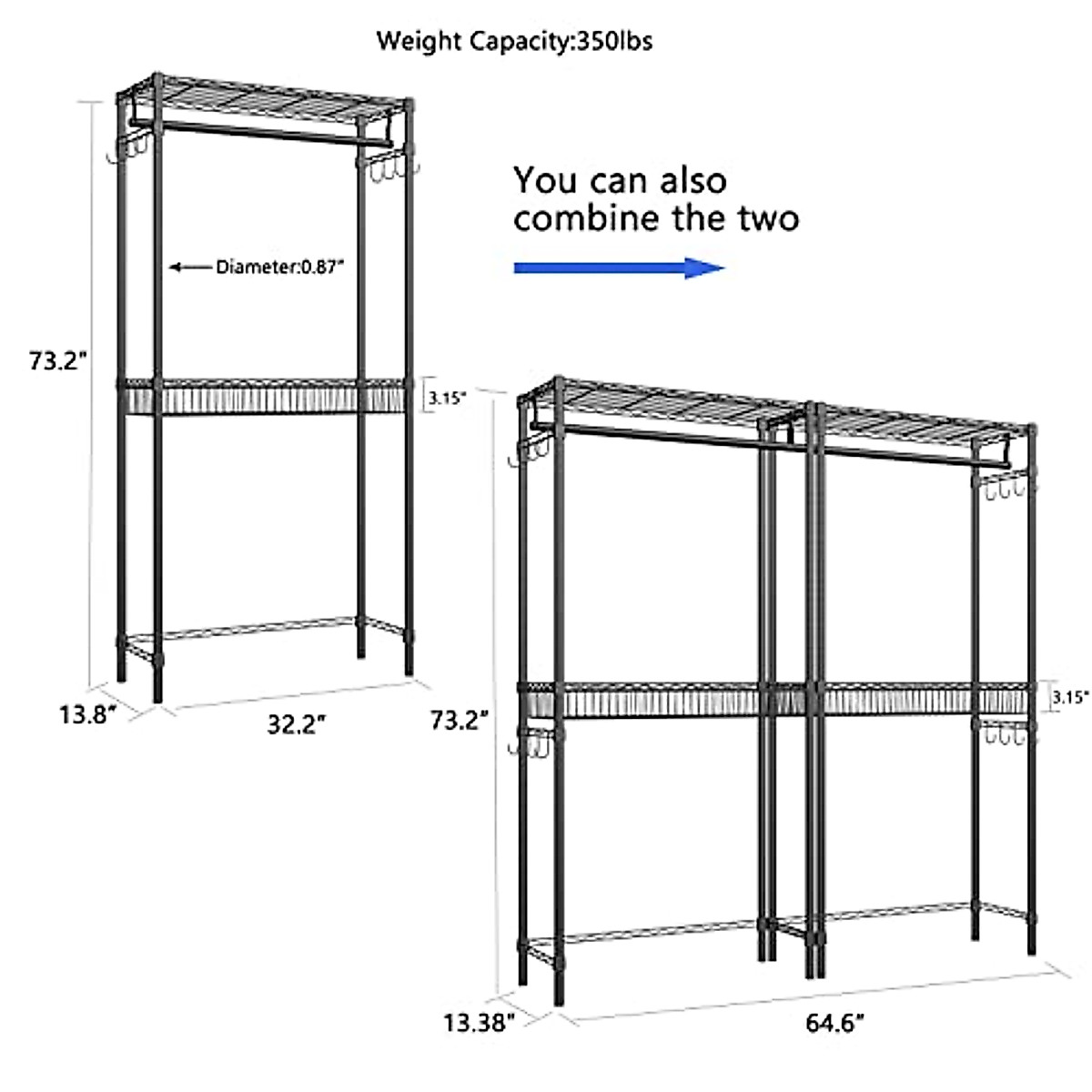 Xiofio Over The Washer and Dryer Storage Shelf 2 Tier Adjustable Height Wire Basket and Side Hook Laundry Shelves Used for Bathroom Bedroom Balcony Drying Rack Towel Rack Handbag Rack ，Black