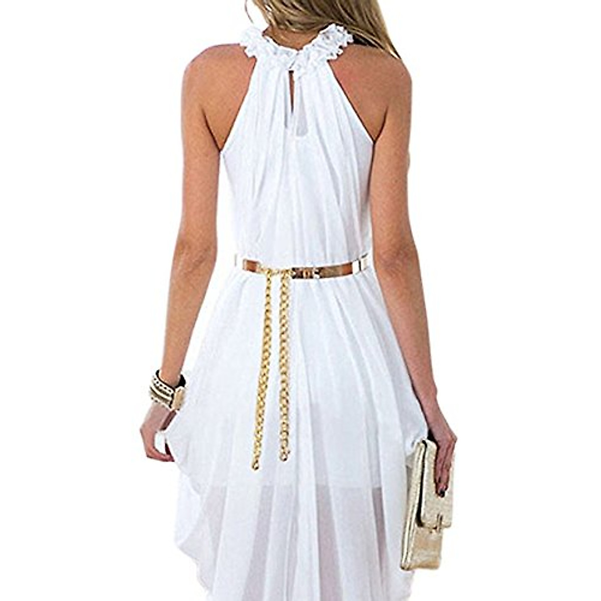 KingField Women's Chiffon Greek Goddess Fairy High Low Dresses Outer Maxi Inner Mini Beach Party Dress Large White