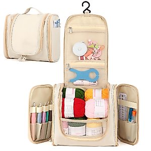 Katech Crochet Bag Yarn Storage Organizer, Yarn Bags for Crocheting With Hanging Hook, Crochet Travel Bag for Crochet Hook, Knitting Accessories Project, Crochet Tote Bag White