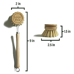 Larga Vitae Wooden Dish Brush Made of Renewable Bamboo Wood and Natural Bristle Tampico Fiber, includes 5 Replacement Brush Heads, Durable, Long Lasting, All Purpose Kitchen Scrubber