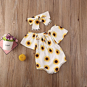 Kuriozud Baby Girl Sunflower Romper Newborn Infant Off Shoulder Bodysuit One Piece Summer Clothes (Sunflower White + Headband, 0-6 Months)
