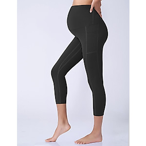 POSHDIVAH Women's Maternity Capri Leggings Over The Belly Pregnancy Workout Active Stretchy Pants with Pockets 2Pcs Black Small