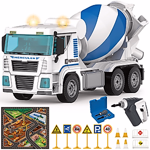 Take Apart Toy Cement Mixer Toy Truck - 107 Pcs STEM Toys Building Kit w/Drill, Realistic Toy Construction Vehicle for Kids Friction Power Push & Go Lights & Sounds for Boys Ages 4 5 6 7 8 Years Old