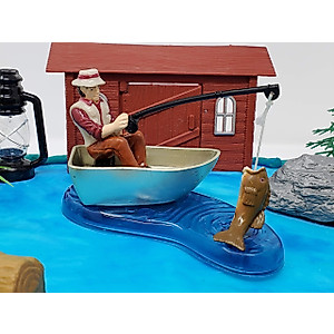 Gone Fishing Fisherman Themed Birthday Cake Topper Set Featuring Camping Angler in Boat with Decorative Themed Accessories