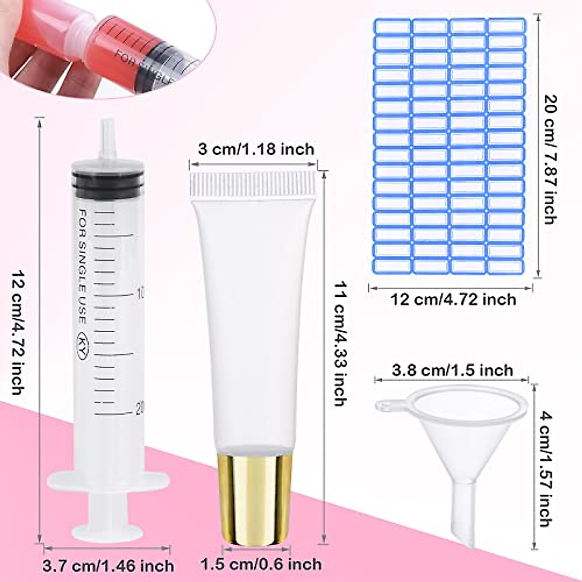 AerRoll 50Pcs 15 ML Gold Cap Empty Lip Gloss Tubes, Clear Lipgloss Squeeze Tubes With free Labels Stickers+20ml Syringe+Funnel+Gift Bags, for DIY Lip Gloss Balm Cosmetic (Gold top x 50pcs)