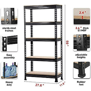 SKONYON Storage Shelves 5 Tier Adjustable Garage Storage Shelving Unit for Warehouse Kitchen Office, 27.6" W x 11.8" D x 59" H, Black