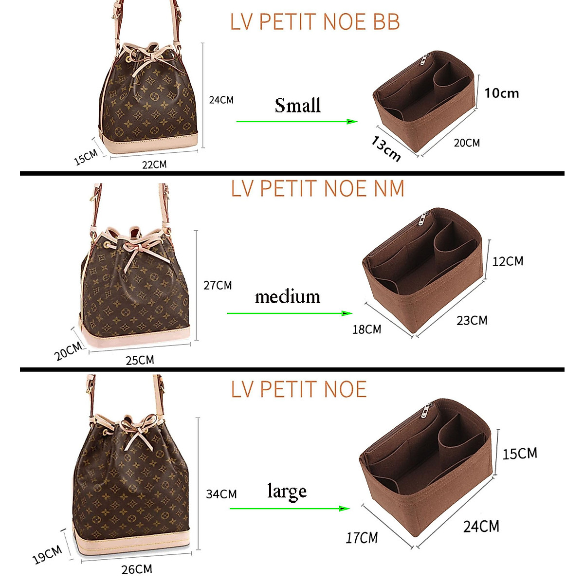 Lckaey Purse Organizer insert for LV NOE BB Petit NOE NM storage bag Organizer With Zipped pocket Y059coffee-Large