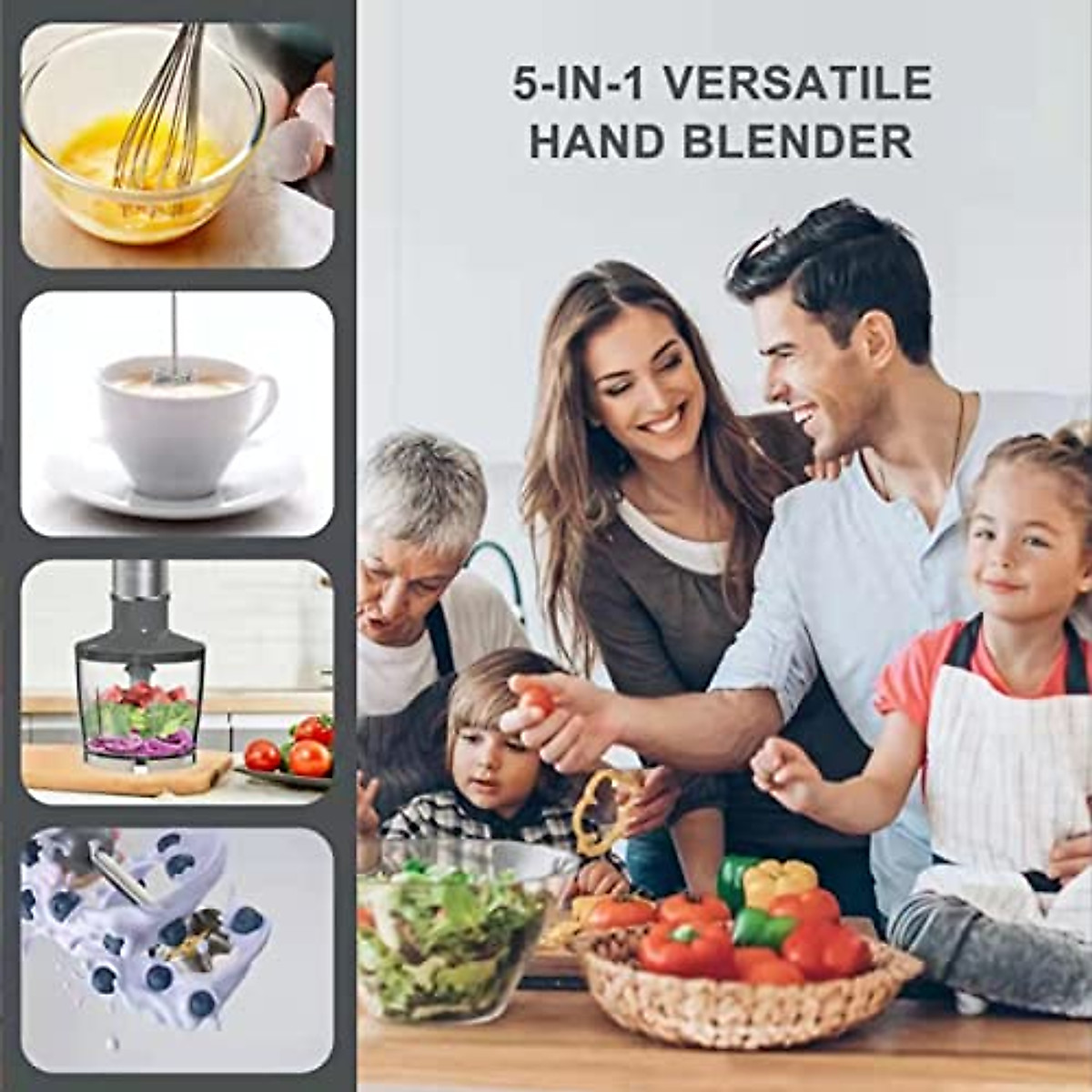 Hand Blender, 5 in 1 Blender, Hand Blender Electric 800W 6-Speed and Turbo Mode, Immersion Blender with 500ml Food Chopper, 600ml Container, Milk Frother, Egg Whisk, for Smoothie Sauces Food Soups