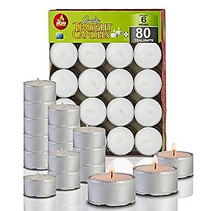 Ner Mitzvah 6 Hour Tea Light Candles - 80 Pack Bulk Package - White Unscented Travel, Centerpiece, Decorative Candle with Maxi Burn Time - Pressed Wax