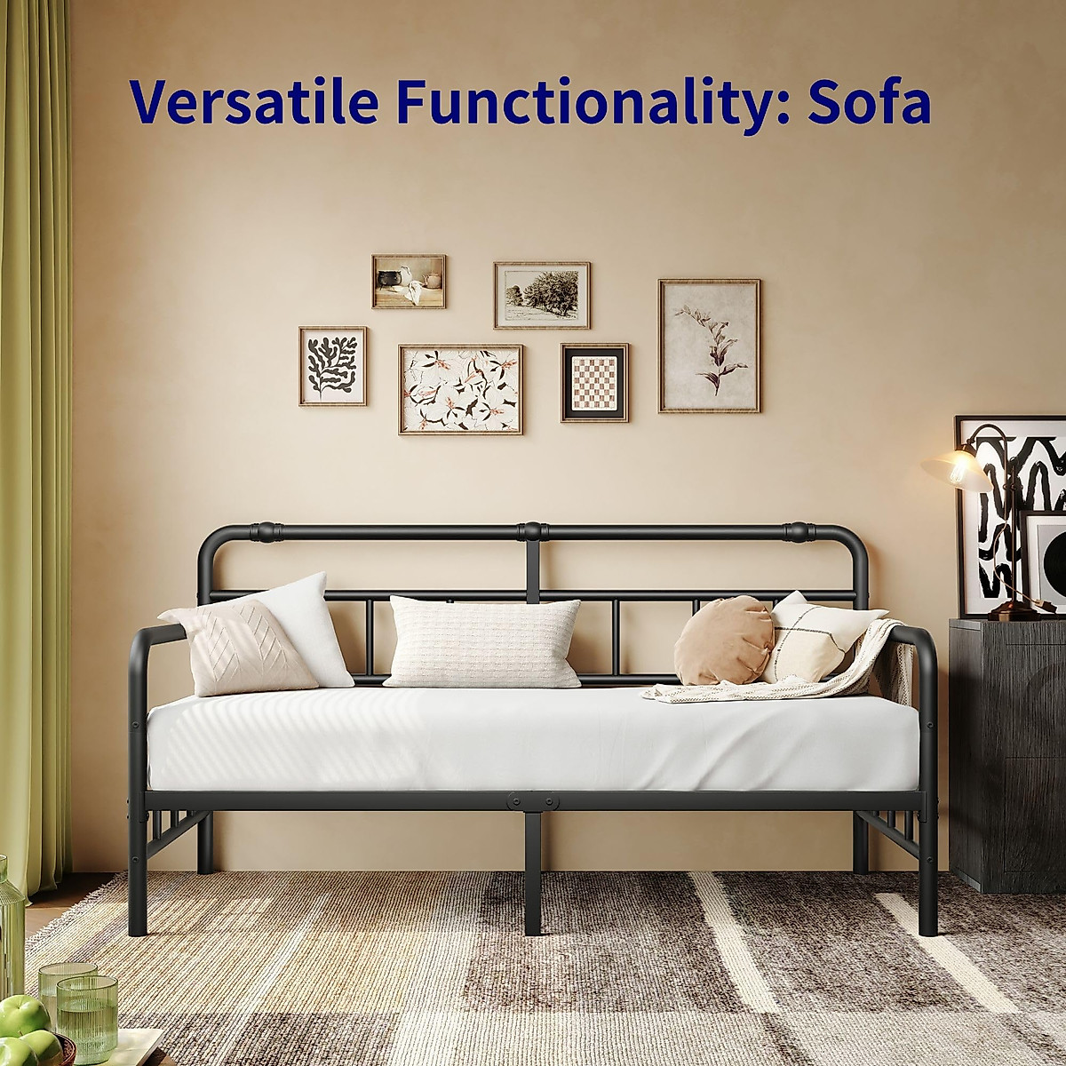 Sementa Daybed-Frame, Twin-Daybed with Classic-Headboard - Heavy Duty Steel Slats,Metal Sofa Bed Frame for Living Room Bedroom Guest Room, Easy Assembly(Black)