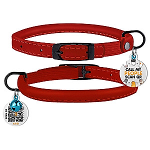 BRONZEDOG Cat Collar with Bell Kitten Rolled Leather Collars Safety QR ID Name Tag (Red)
