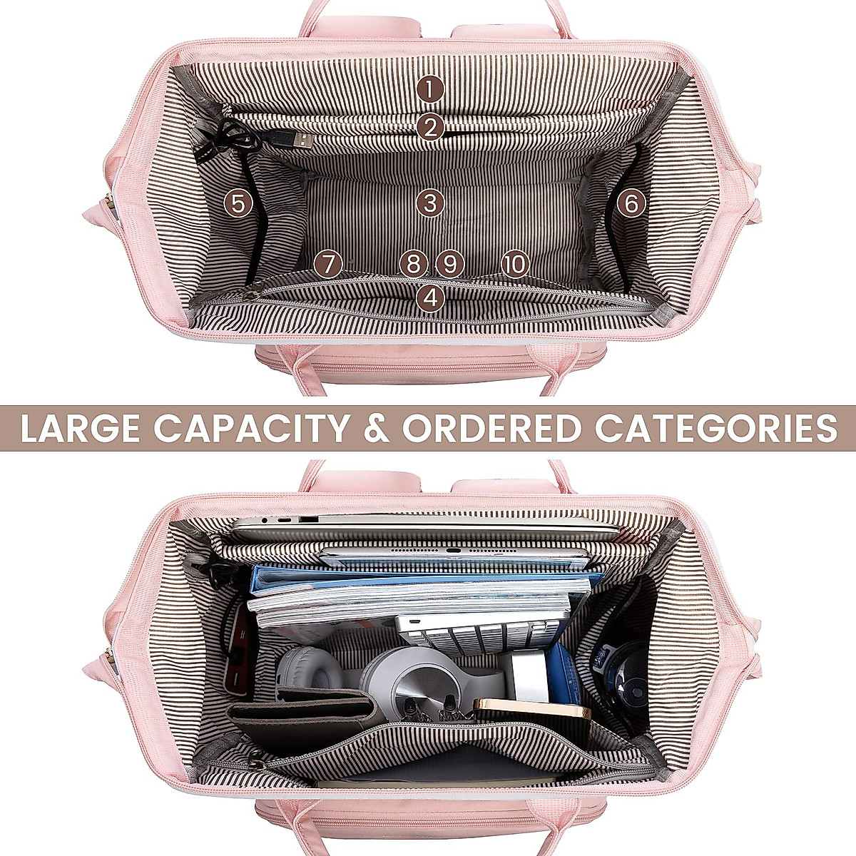 LOVEVOOK Laptop Backpack for Women, 17 Inch Work Business Backpacks Purse with USB Port, Large Capacity Teacher Doctor Nurse Bag College Backbag, Waterproof Casual Daypack for Travel,Grey-Pink