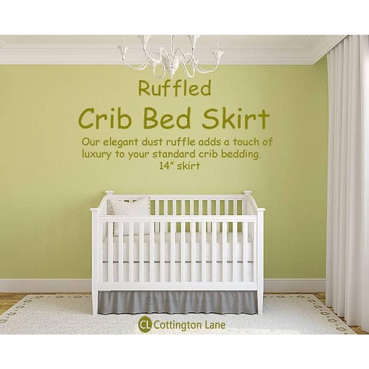 Ligth Grey Crib Skirt Dust Ruffle, 100% Natural Cotton-Nursery Crib-Toddler Bedding Skirt for Baby Girls or Boys, 14" Drop
