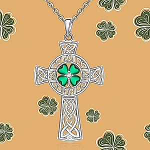 St Patricks Day Necklace Shamrock Necklace Celtic Cross Four Leaf Clover Necklaces for Women Sterling Silver Irish Shamrock Pendant Green 4 Leaf Clover Jewelry Lucky Gifts