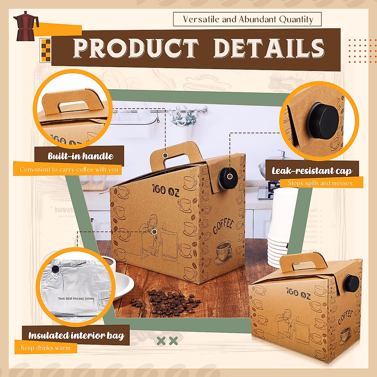 Pickmesh 10 Sets 160 oz Disposable Coffee Dispenser with Insulated Interior Bag Coffee to Go Containers with Handle Portable Heavy Cardboard