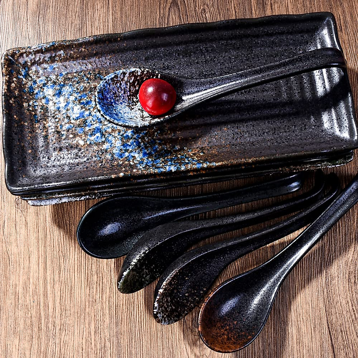 7 inch Japanese and Korean Ramen Spoon Set of 5, Asian Soup Spoon Chinese Soup Spoon Curved Handle Soup Spoon Long Handle Ceramic Miso Soup Spoons