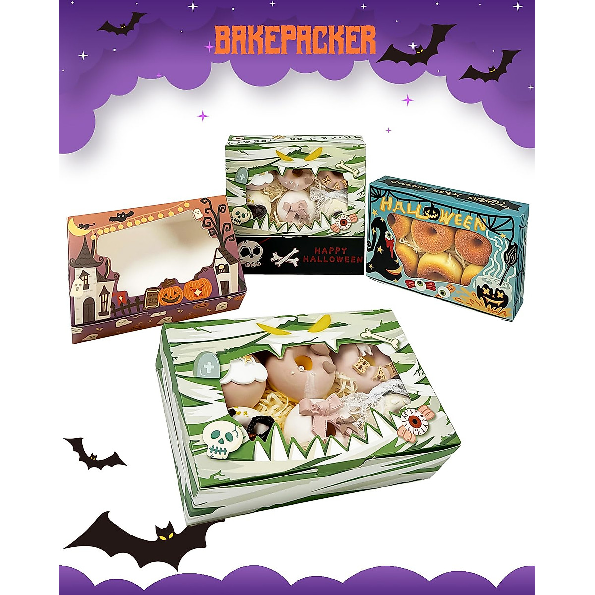 Halloween Bakery Boxes with Window 9x6x2.5 inches Pastry Boxes Mini Cookie Boxes for Festival Bakerys Thick & Sturdy （24 Packs）