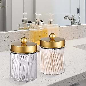 Komashr 3PC Farmhouse Decor Qtip Holder Apothecary Jars Bathroom Vanity Storage Organizer -Countertop Canister Plastic Container &Cute Stickers for Cotton Swab, Ball,Pad,Floss,Paper Clips (Gold)