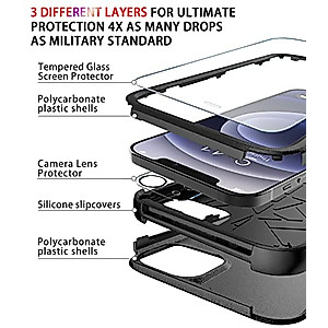 Diverbox for iPhone 12 case [Shockproof] [Dropproof] [Tempered Glass Screen Protector],Heavy Duty Protection Phone Case Cover for Apple iPhone 12 (12-Black-3in1)