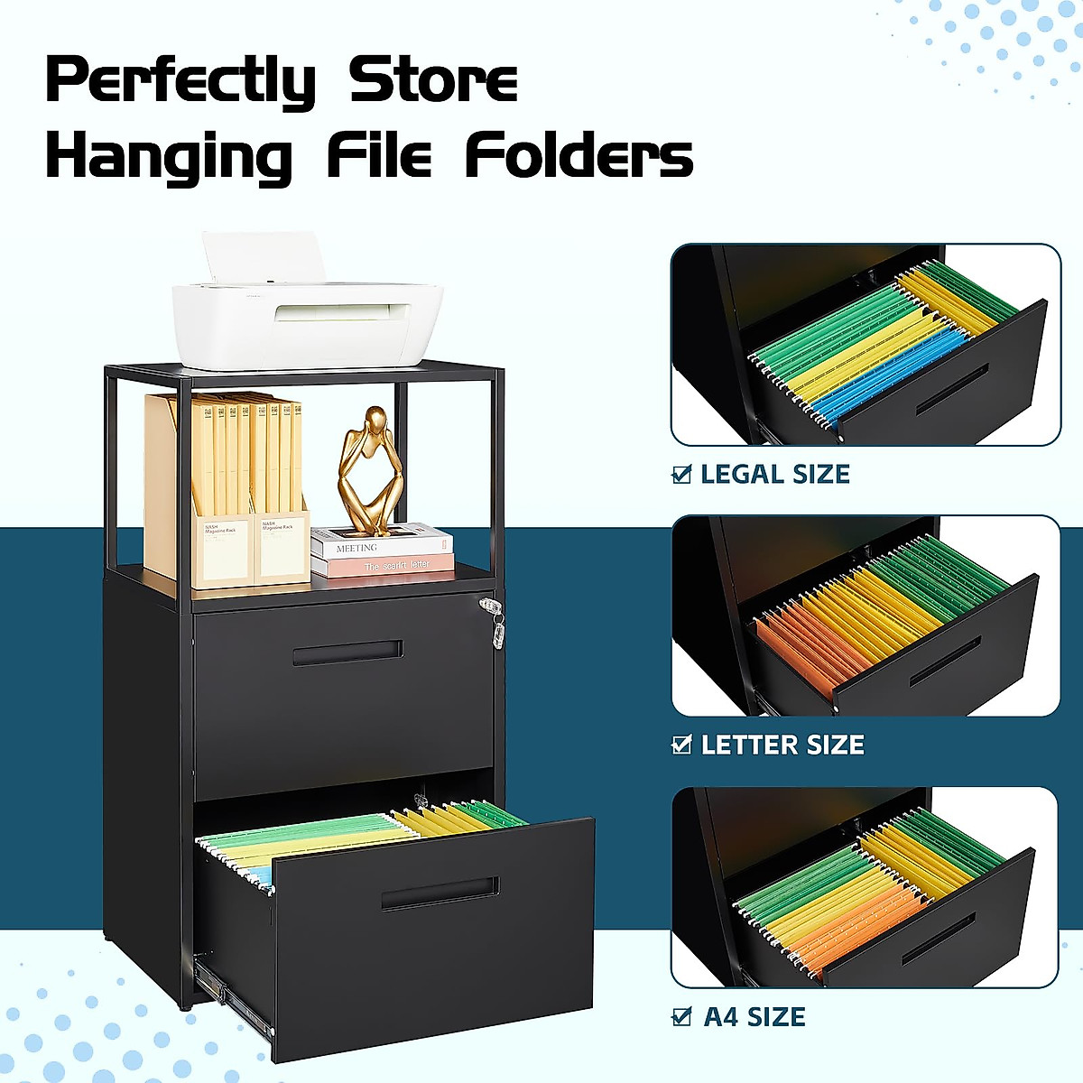 MIIIKO Office File Cabinet with 2 Drawers and Shelf, Metal Vertical Filing Cabinet with Lock, Lateral Two Drawers for Storage Letter/Legal Size File Folders, Top Shelf for Printer Stand