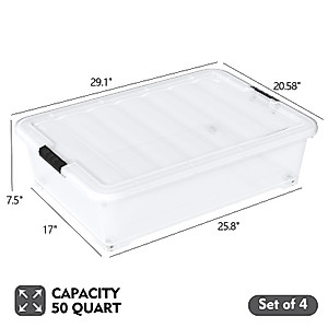 Tyminin 50 Quart Rolling Under Bed Storage Containers, 4-Pack 7.5 Inches Tall Low Profile Underbed Clothes Storage Organizer Bin with Sturdy Wheels, Clear