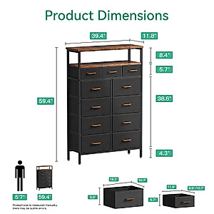 AODK Dresser with Charging Station, 59-Inch Tall Dresser for Bedroom with 11 Storage Drawers, Large Fabric Dressers with Sturdy Metal Frame and Wooden Top, Vintage