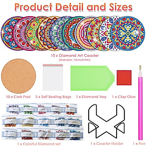 Billbotk Diamond Painting Art Coasters Kits, 10 Pieces Mandala Diamond Painting Coasters with Holder, Arts and Crafts for Adults
