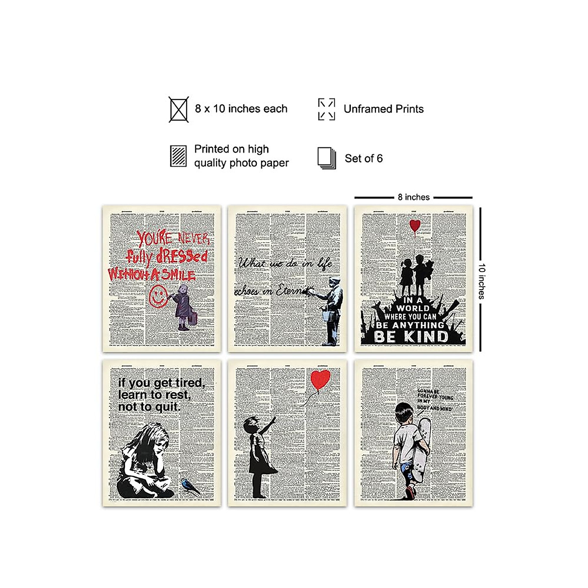 Banksy Wall Art Set - Inspirational Quotes Room Decor - Motivational Graffiti Street Art for Teens Bedroom, Living Room, Dorm - Set of 6-8x10 each Poster Picture Prints Home Decoration