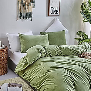Luxlovery Sage Green Flannel Duvet Cover Set Queen Velvet Fluffy Bedding Cover Sets Light Green Soft Warm Comfy 3 Piece Bedding Cover Set with 2 Pillowcases