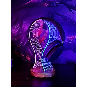 YuanDian Headphone Stand, Walnut Wood Headset Holder with Blue Pink LED Night Light for Gamers, Men, and Music Lovers - Perfect Desk Gift Idea