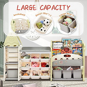 Veemuaro Toy Storage Organizer, Kids Bookcases and Children's Organizer Rack, Box Chest with 17 Bins 4 Tier Bookshelf for Room Classroom (All-in-One, Light Green) (06AAF)