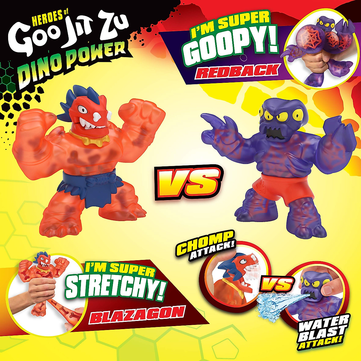 Heroes of Goo Jit Zu Dino Power Versus Pack - 2 Action Figures - Volcanic Rumble - Blazagon vs. Redback | Includes 2 Exclusive Heroes | for Ages 3+