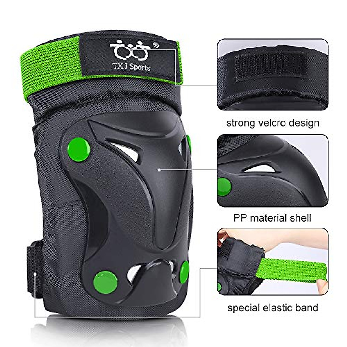 boruizhen Kids/Youth knee and Elbow Pads with Wrist Guards Protective Gear Set for Skating Skateboarding Cycling Biking Scooter and Multi Sports (Black/Green, Medium (8-14 years))