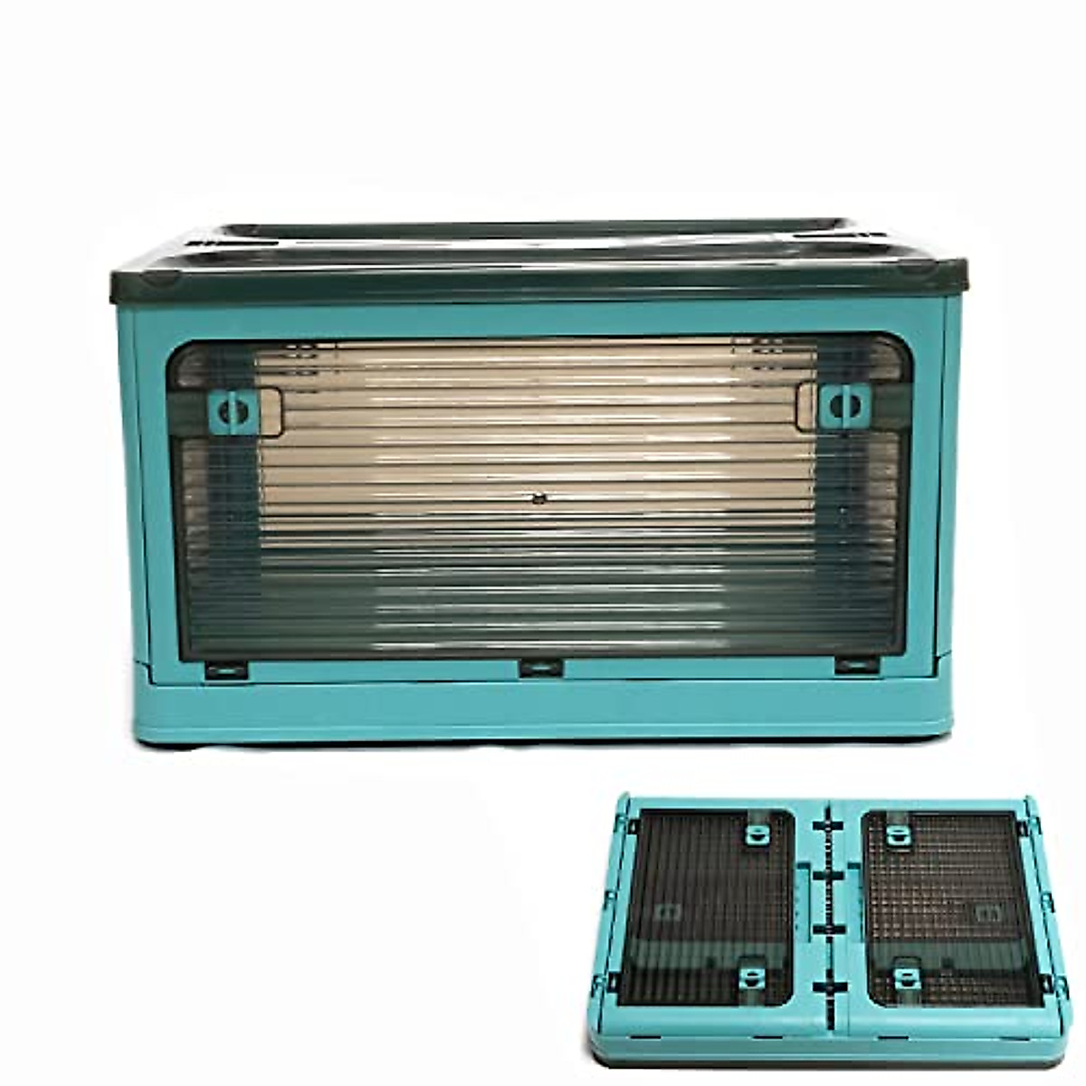 RAMGTW Large Clear Plastic Storage Box with Lid Wheels Collapsible Storage Bins with Five Doors Stackable Folding Container Organizer. Foldable Car Trunk Organizer Picnic Camping Family (Large, Blue)