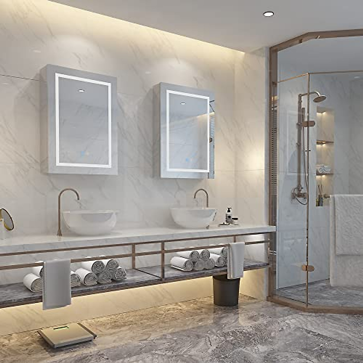 Chende Bathroom Medicine Cabinets with Lights, Stainless Steel Lighted Wall Cabinet with Mirror and Defogger, 20"X28" Bathroom Mirror Cabinet with LED Lights