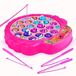 Fishing Game Play Set - 21 Fish, 4 Poles, & Rotating Board w/On-Off Music - Family Children Backyard Pink Toy Games for Kids and Toddlers Age 3 4 5 6 7 Girls and Up